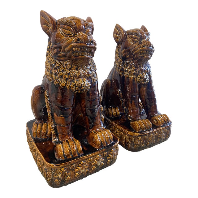 Antique Early 1900’s Large Glazed Terra-Cotta Foo Dogs-A Pair | Chairish