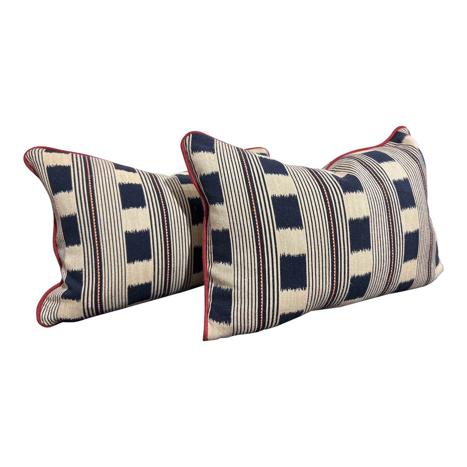 Pair of 12x18 Navy Striped Ikat Lumbar Pillows With Red Piping | Chairish