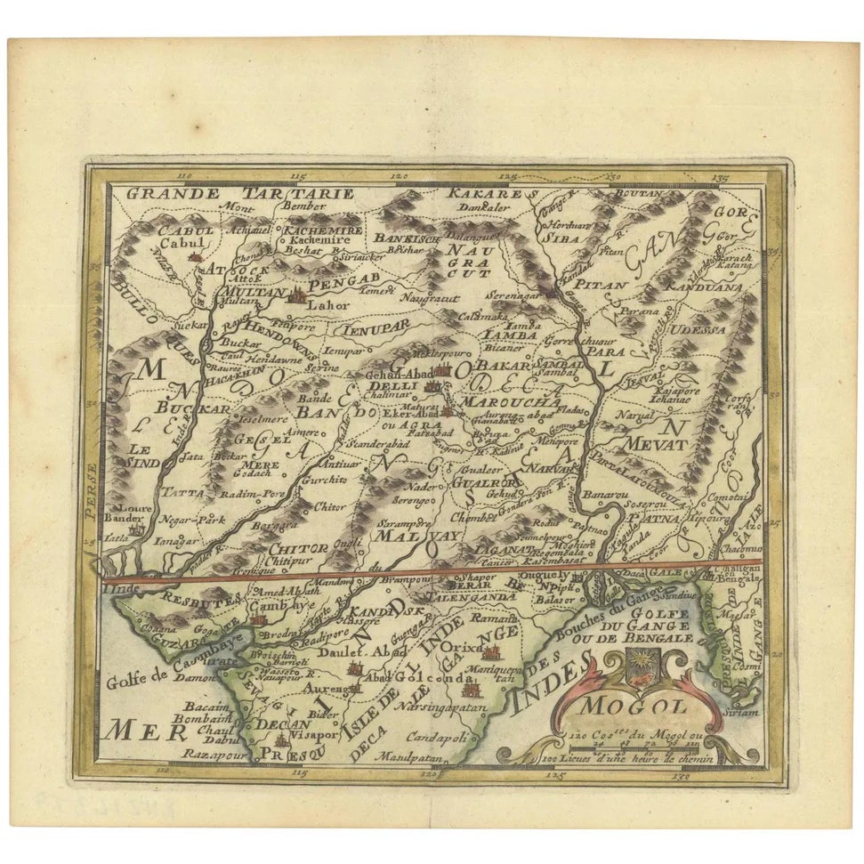 Hand-Colored Engraved Map of the Mogul Empire, 1692 | Chairish