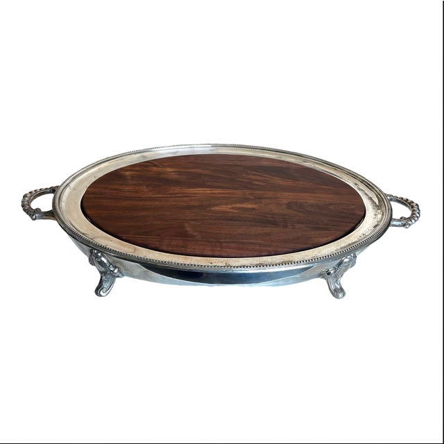 Antique English Silverplate Serving Platter With Walnut Board | Chairish