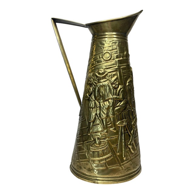 Mid Century Modern English Embossed Brass Pitcher, Pub Scene | Chairish