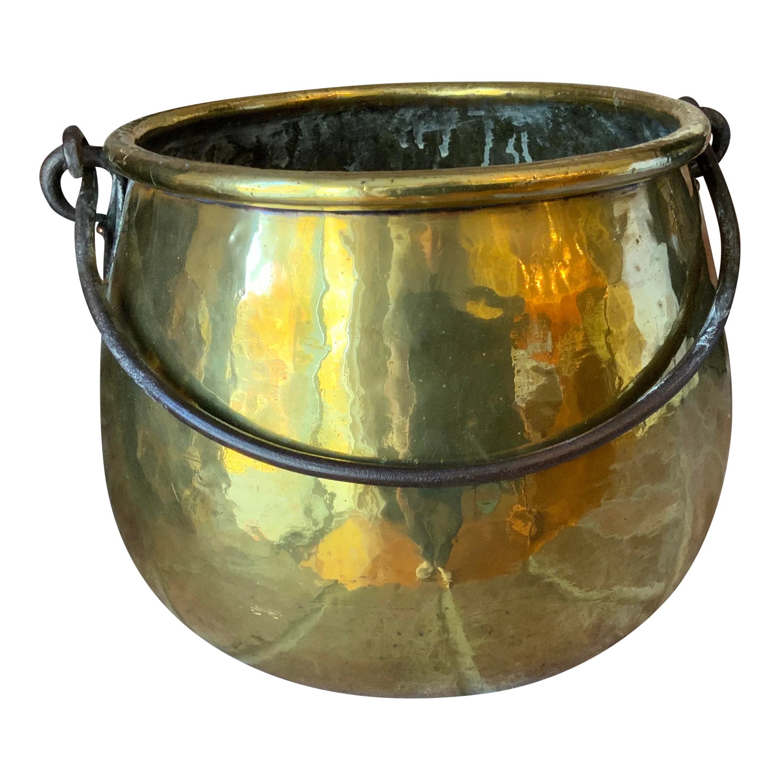 Large English Brass Pot With Iron Handle Circa 1890-1900 | Chairish