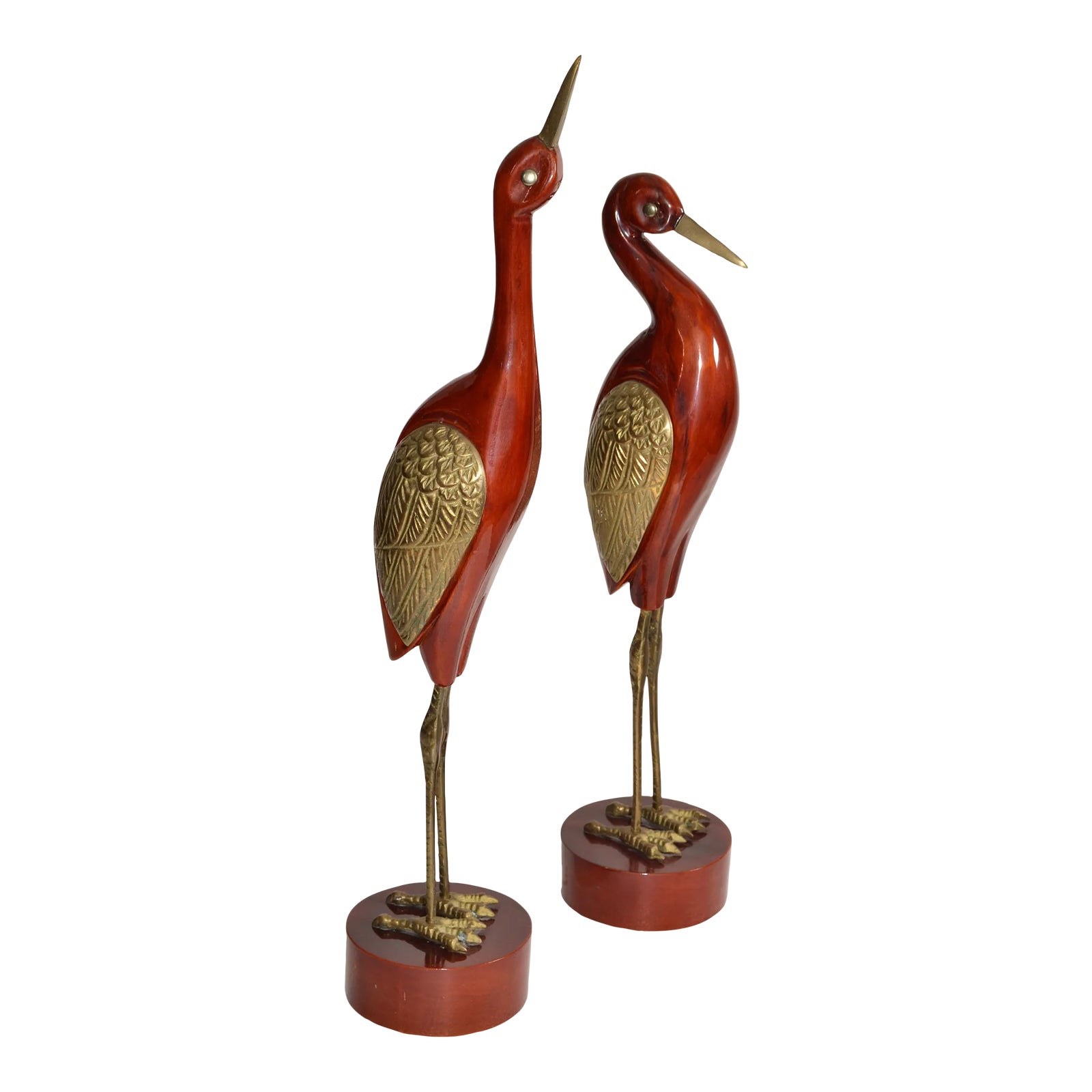 Set of 2 1970s Asian Modern Stylized Brass Wood Handmade Crane ...