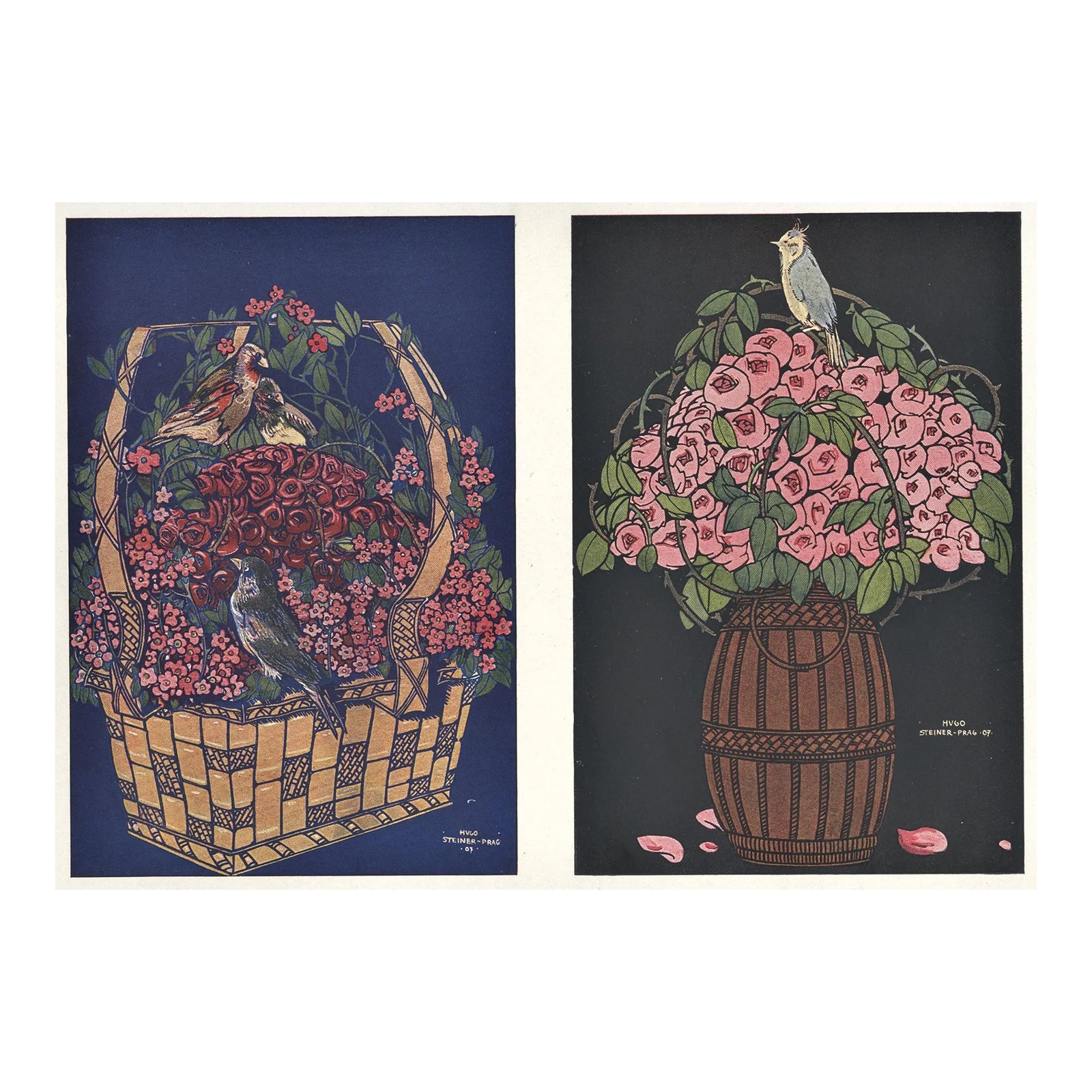 1907 French Art Nouveau Chromolithograph of Flowers in Baskets With ...