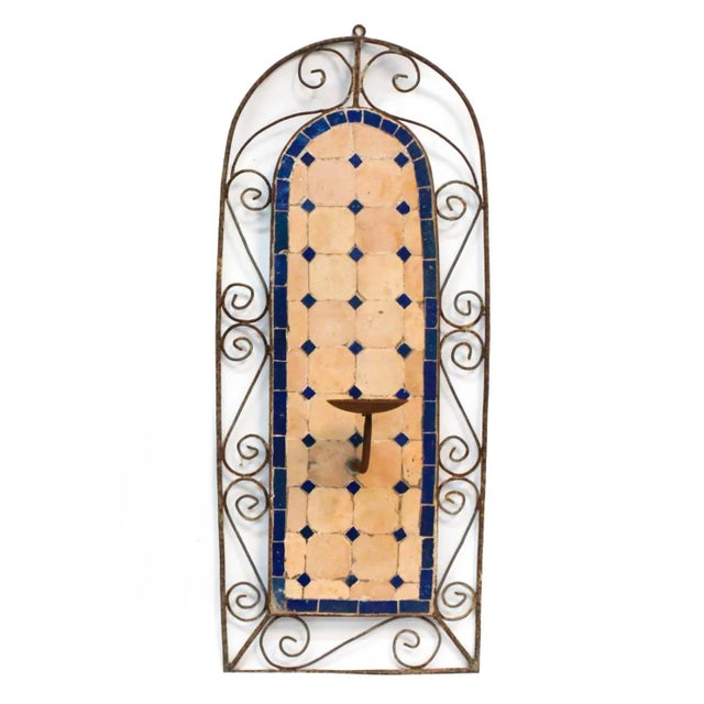 Terracotta Tile Wall Sconce With Candle Cup Blue Accents | Chairish