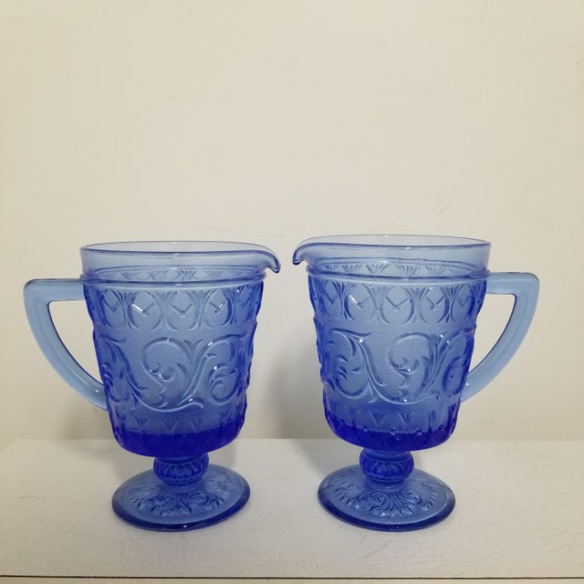 Vintage 1950’s Blue Pressed Glass Water Pitcher | Chairish