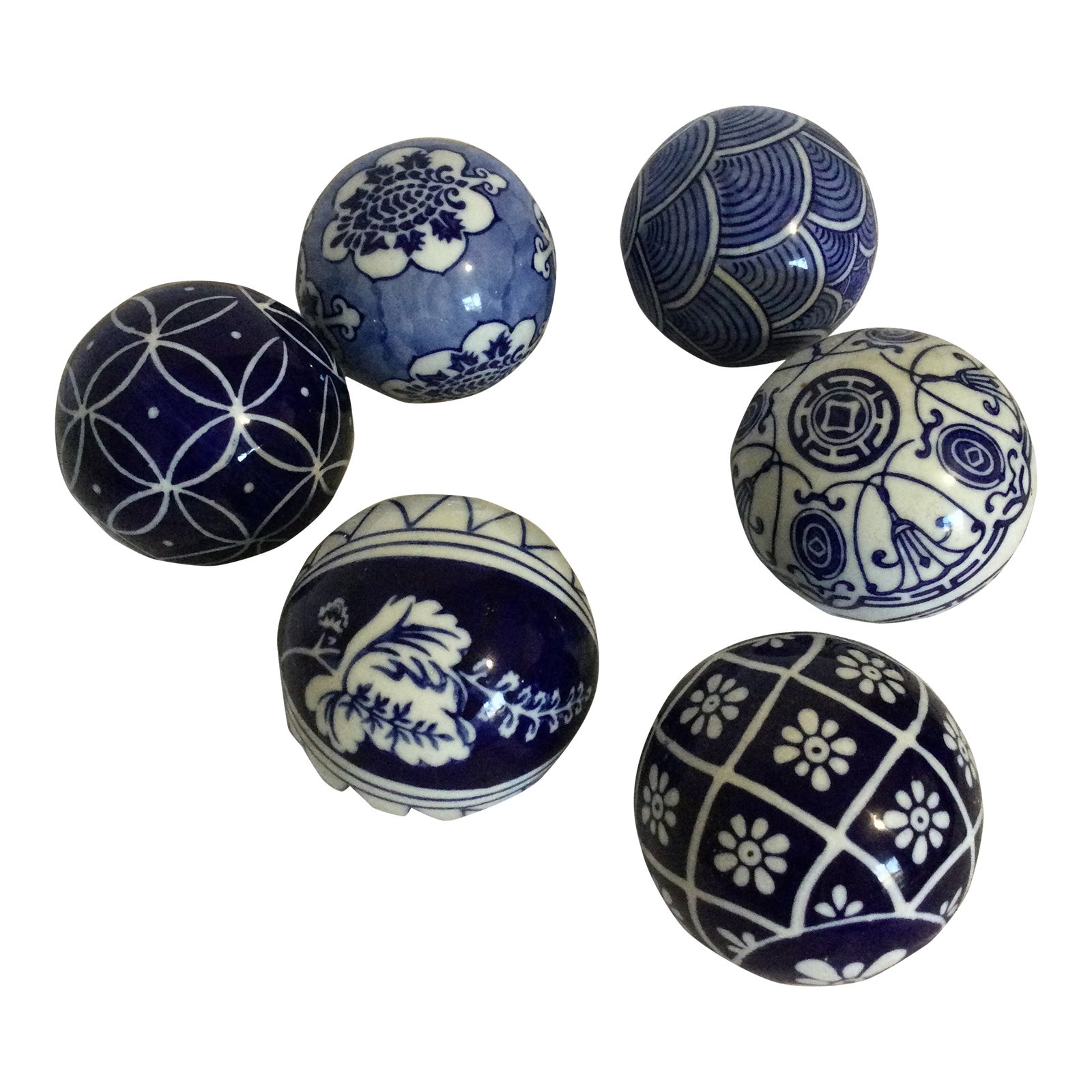 Pottery Barn Blue and White Porcelain Balls- Set of 6 | Chairish