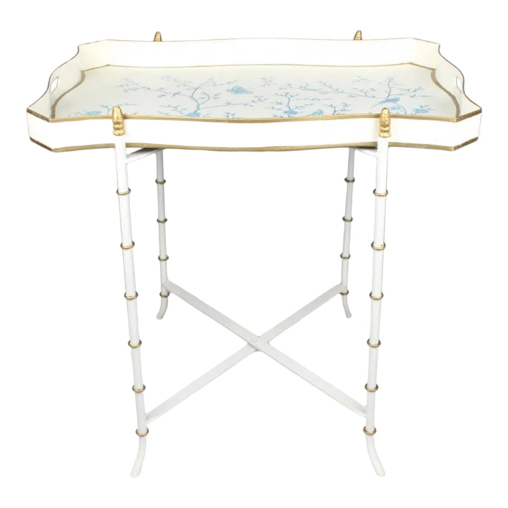 Scalloped Tray Table in Ivory/Blue | Chairish
