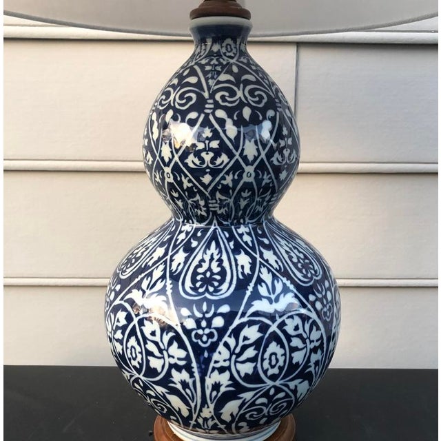 Ralph Lauren Cobalt Blue and White Double Gourd Lamp With Wood Fittings ...