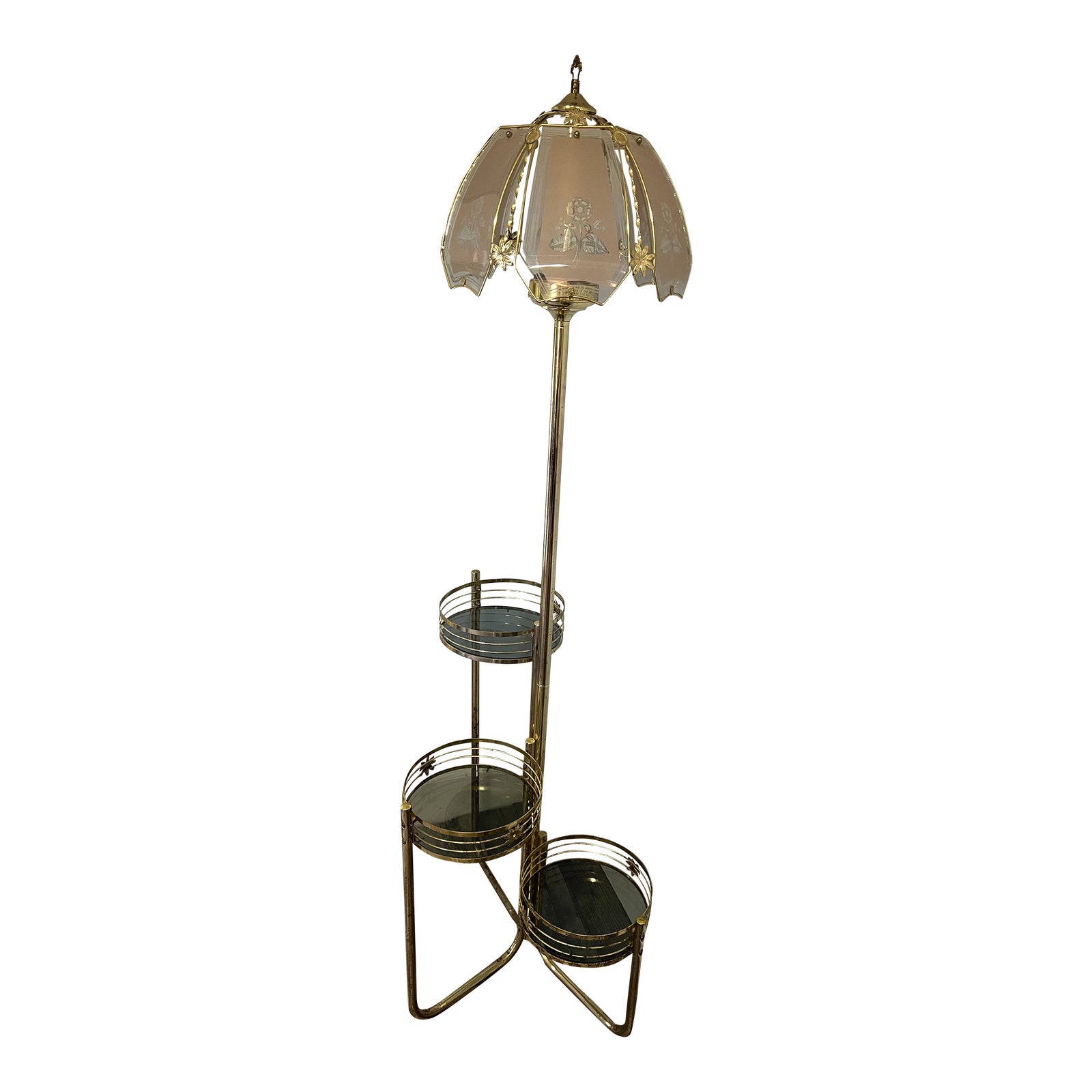 Vintage Brass & Glass Three-Tier Plant Stand + Touch Lamp | Chairish
