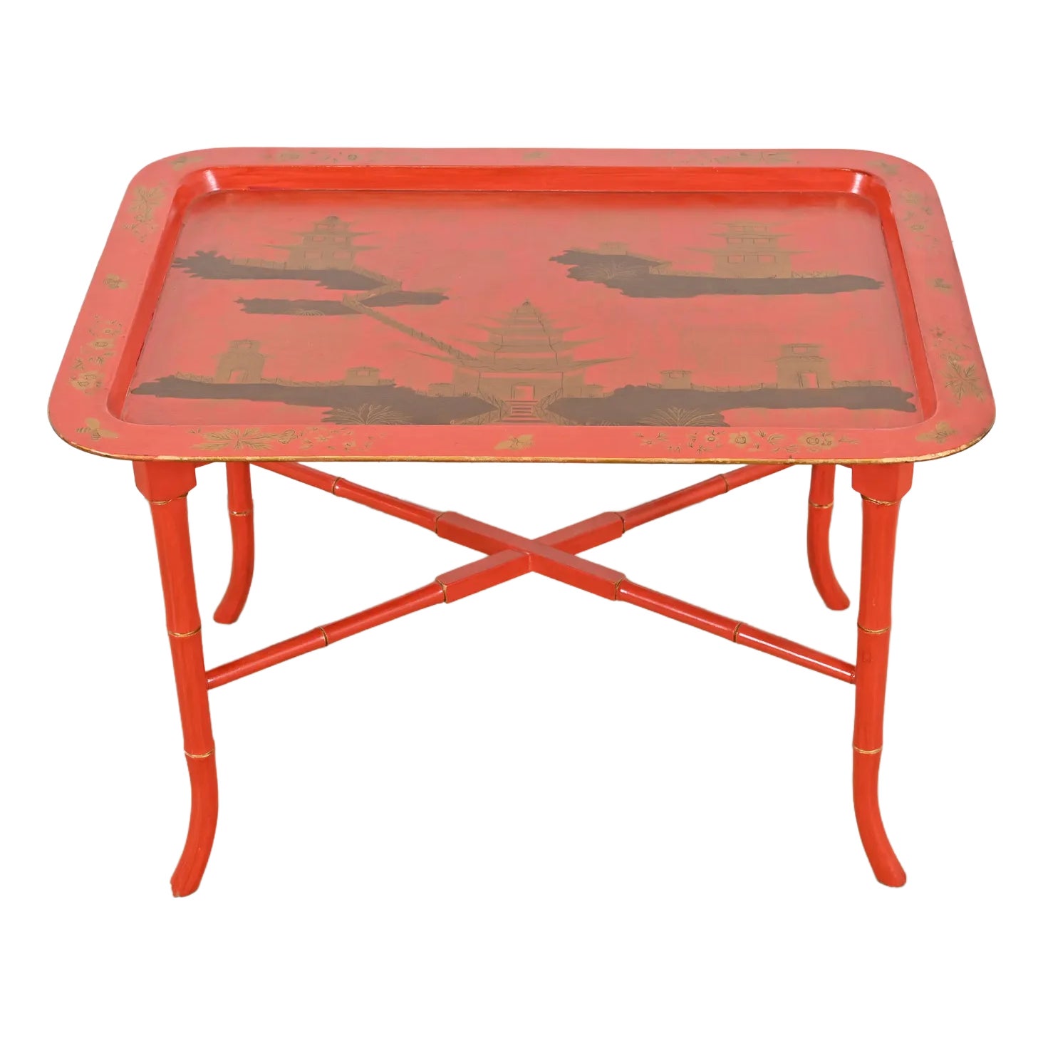 Baker Furniture Style Hollywood Regency Chinoiserie Red Lacquered Faux ...