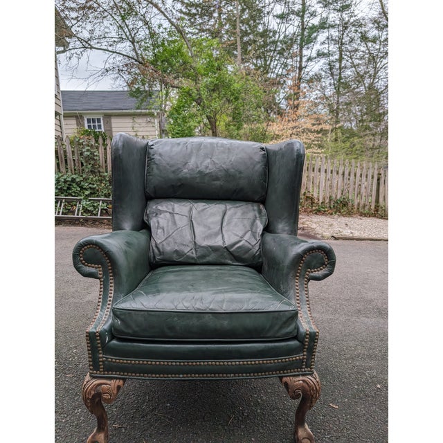 1960s Georgian Style Vintage Green Leather Wingback Chair | Chairish