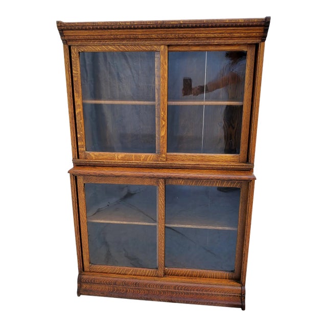 Arts & Crafts Tiger Oak Sliding Glass Door Danner Bookcase With Pull ...