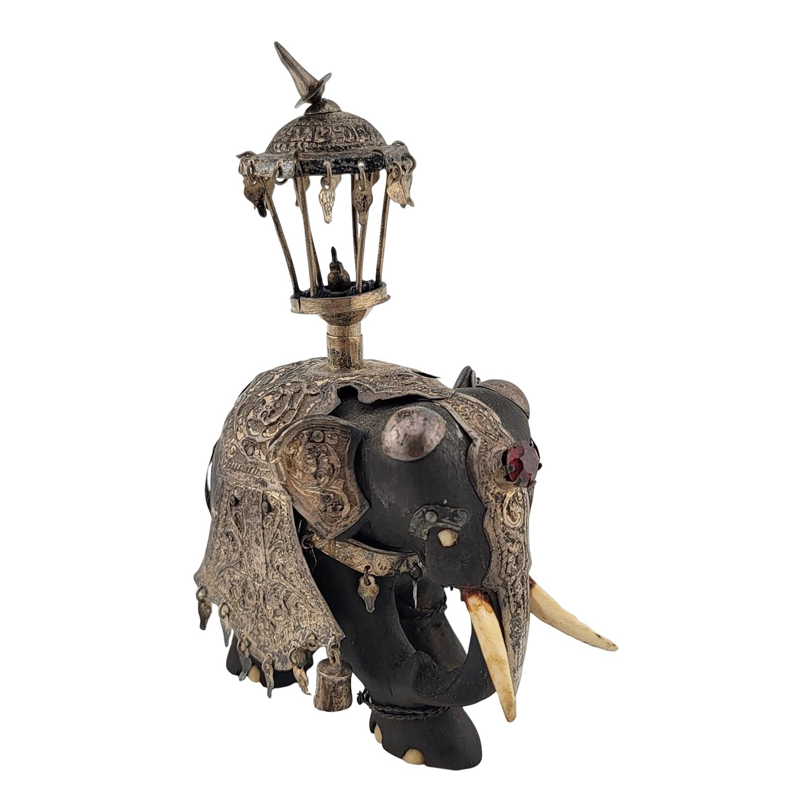 Rare Antique Indian Ebony Silver Overlay Jeweled Elephant With Real ...