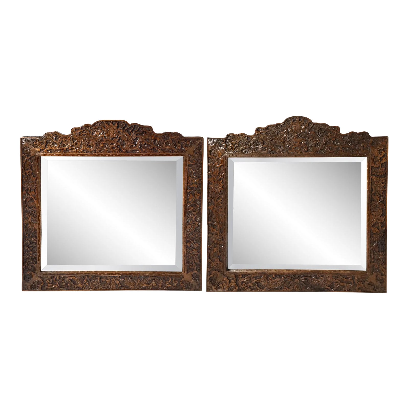 Carved Asian Mirrors - A Pair | Chairish