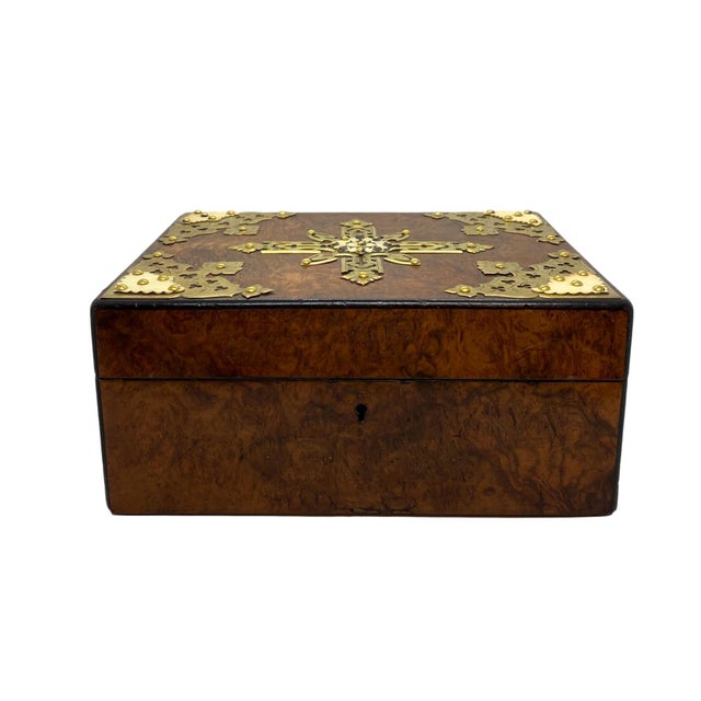 Burl Walnut Brass Flat Top Box | Chairish