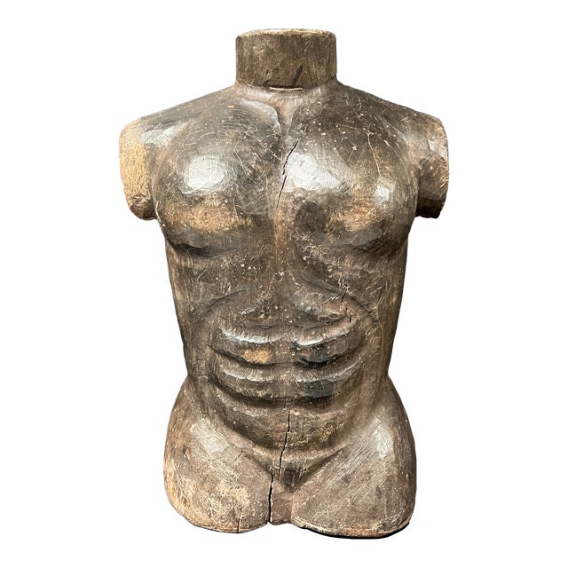 Mid 20th Century Carved Solid Wood Male Torso Sculpture | Chairish