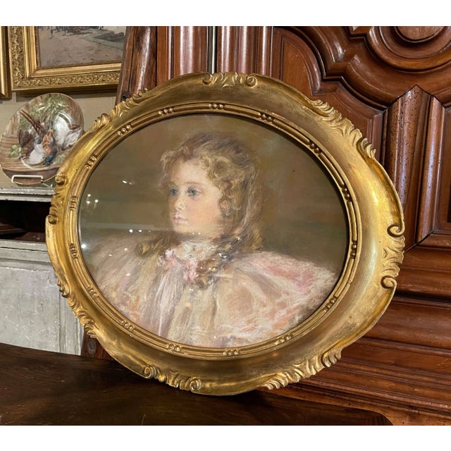 Late 19th Century French Pastel Portrait of Young Girl in Oval Gilt Frame | Chairish
