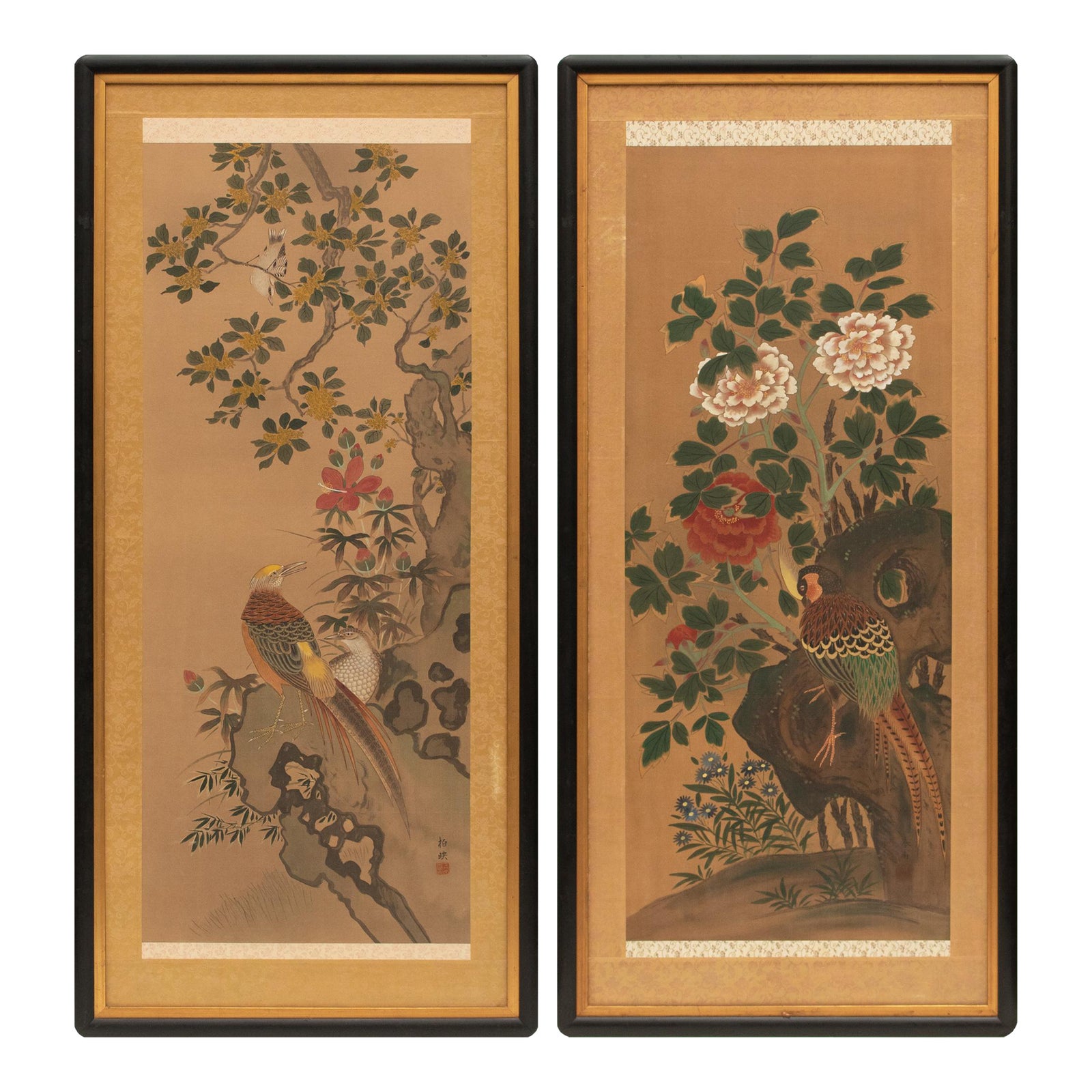 1920s Large Meiji to Early Showa Japanese Painted Silk Scroll Panels, a ...