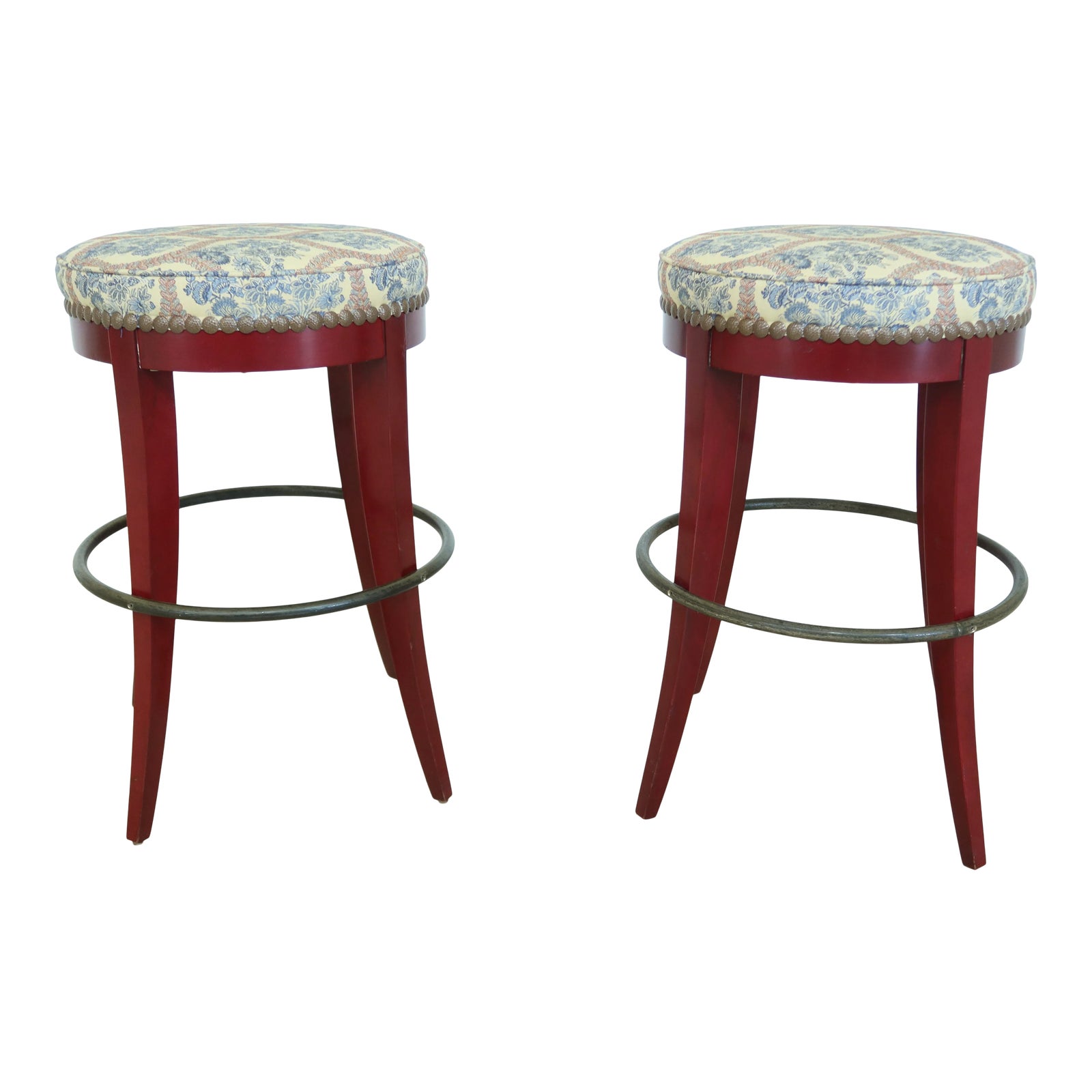 Swaim Round Red Lacquer Counter Bar Chair Stools - a Pair | Chairish