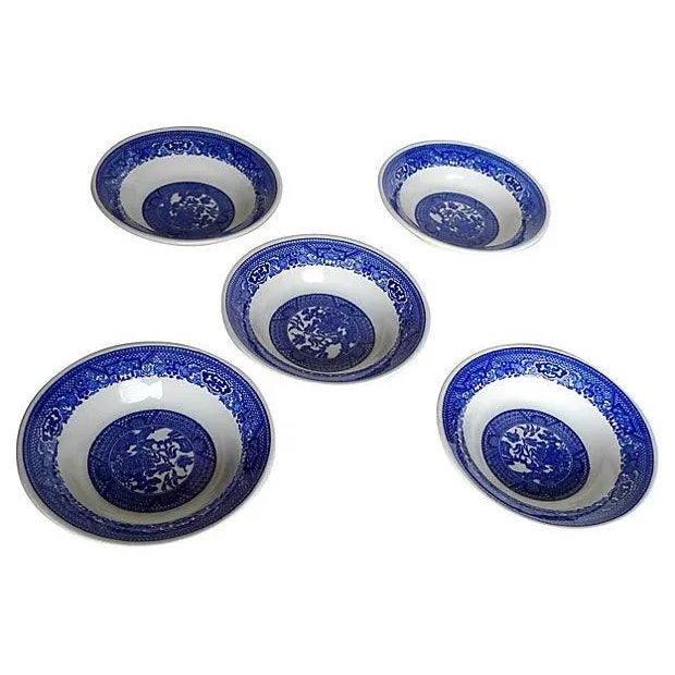 Vintage Blue & White Asian Motif Bowls - Set of 5 | Chairish