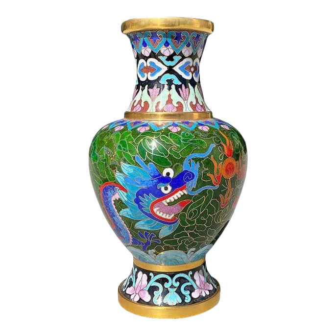 Cloisonne Asian Dragonware Vase in Emerald Green and Brass | Chairish