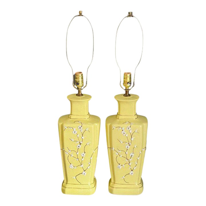 Mid-Century Porcelain, Pale Yellow Table Lamps, Raised Chinoiserie ...