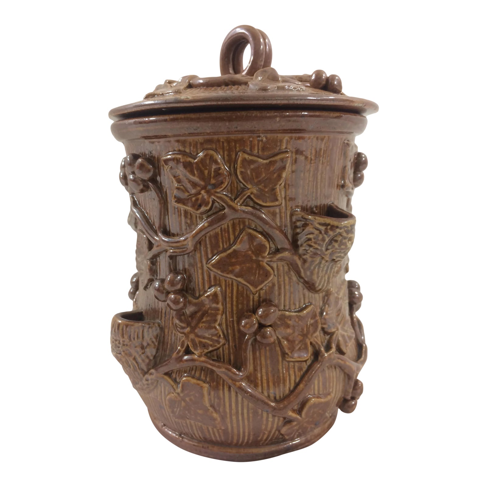Brown French 19th Century Tobacco Jar With Berry and Ivy Details | Chairish