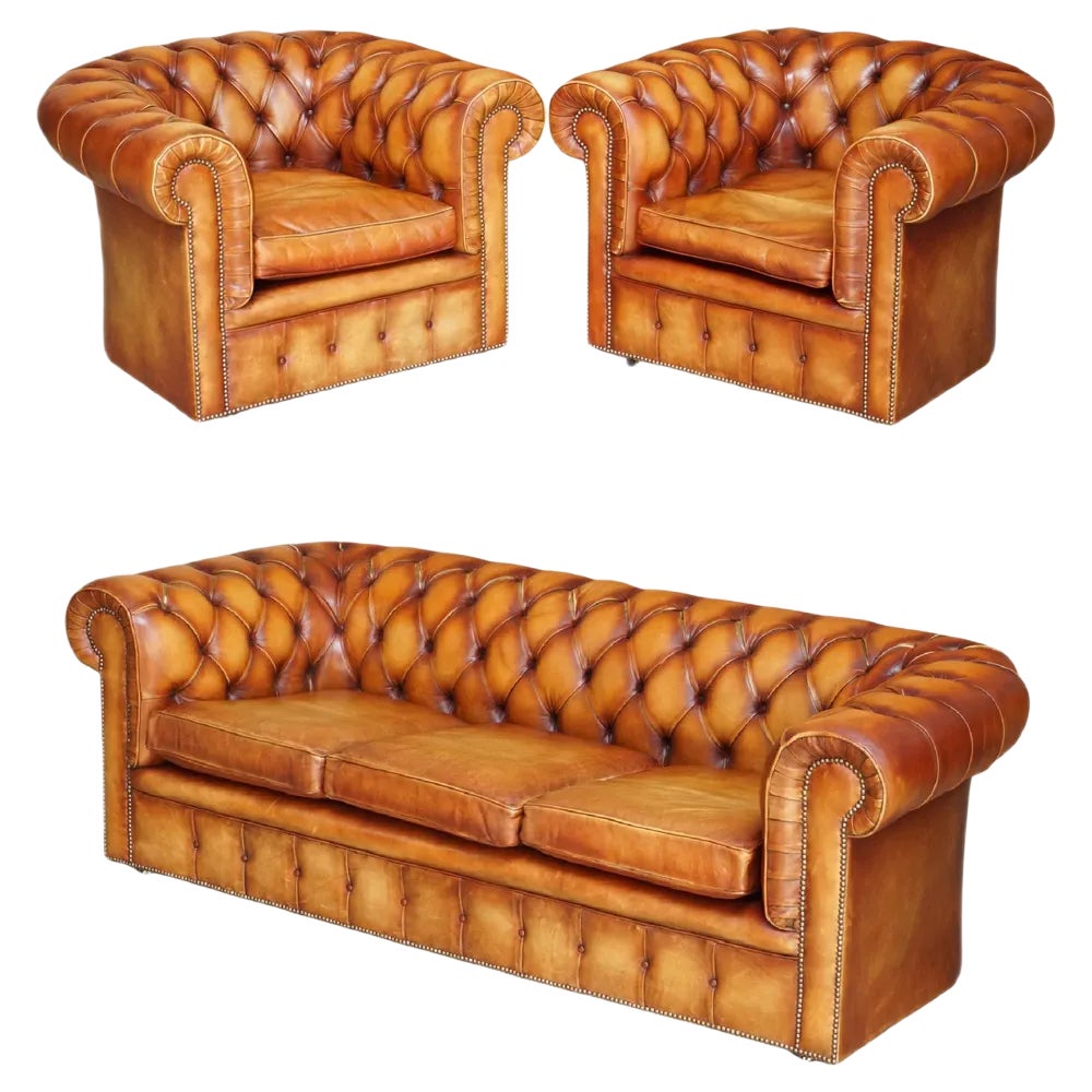 Chesterfield Club Sofa & Armchairs in Brown Leather, Set of 3 | Chairish
