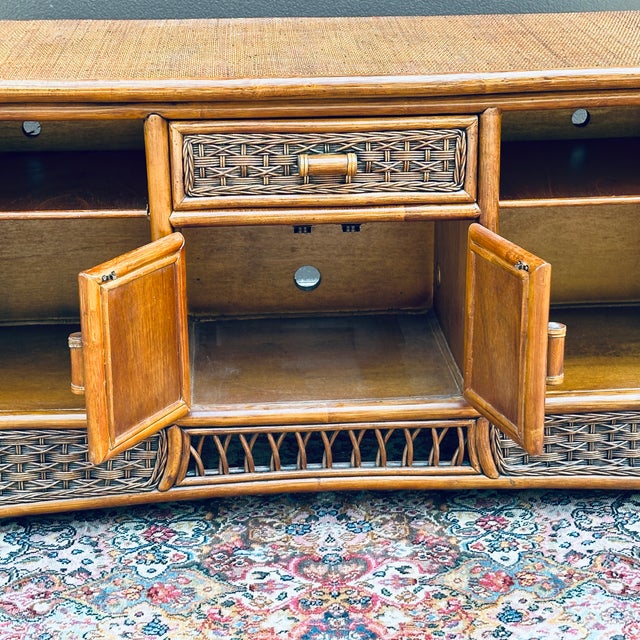 American Rattan Tahiti Media Console or Credenza With Leather Wrapped ...