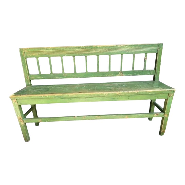 Late 19th Century Rustic Green Wood Bench | Chairish