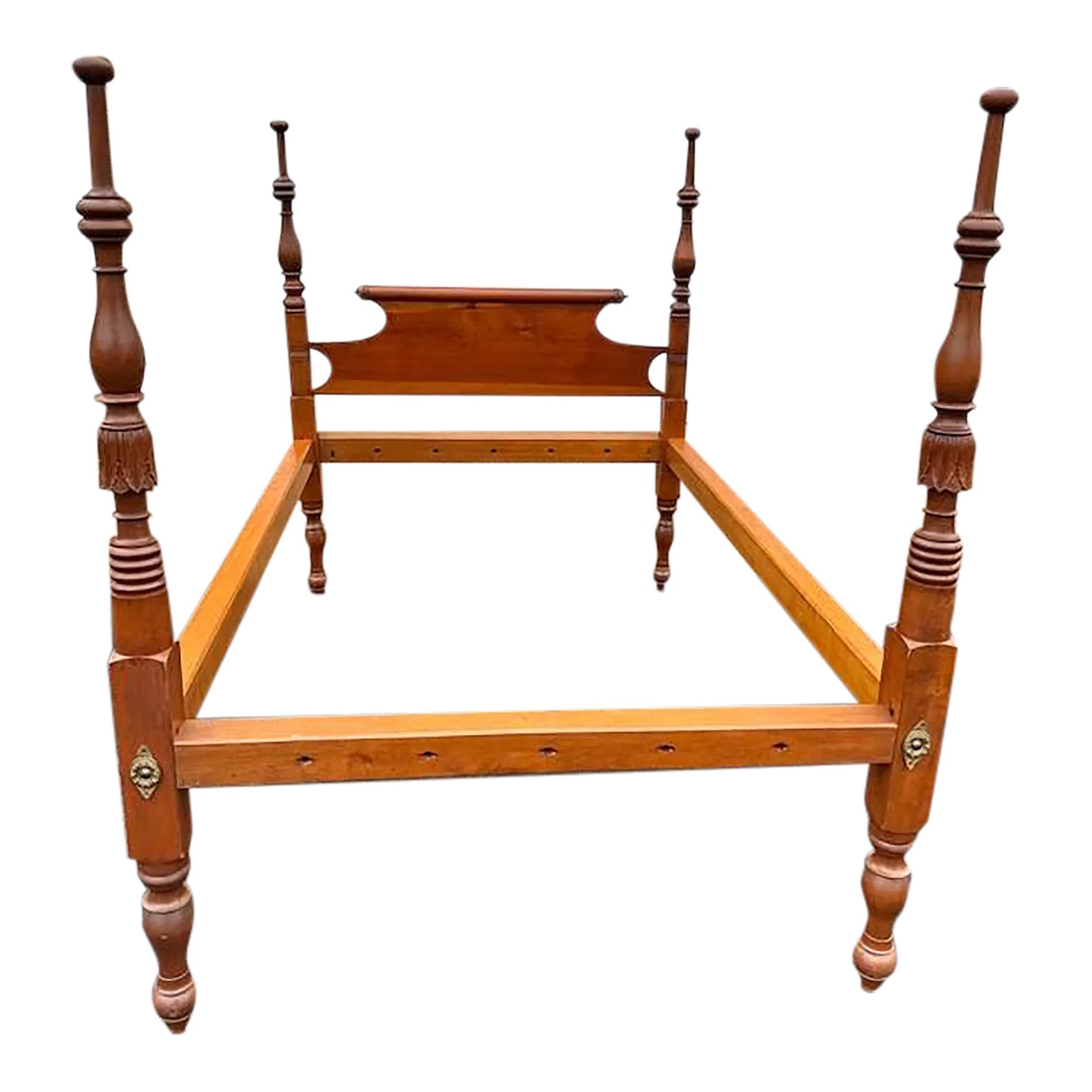 Antique American Federal Period Tall Post Bed With Carved Bells | Chairish