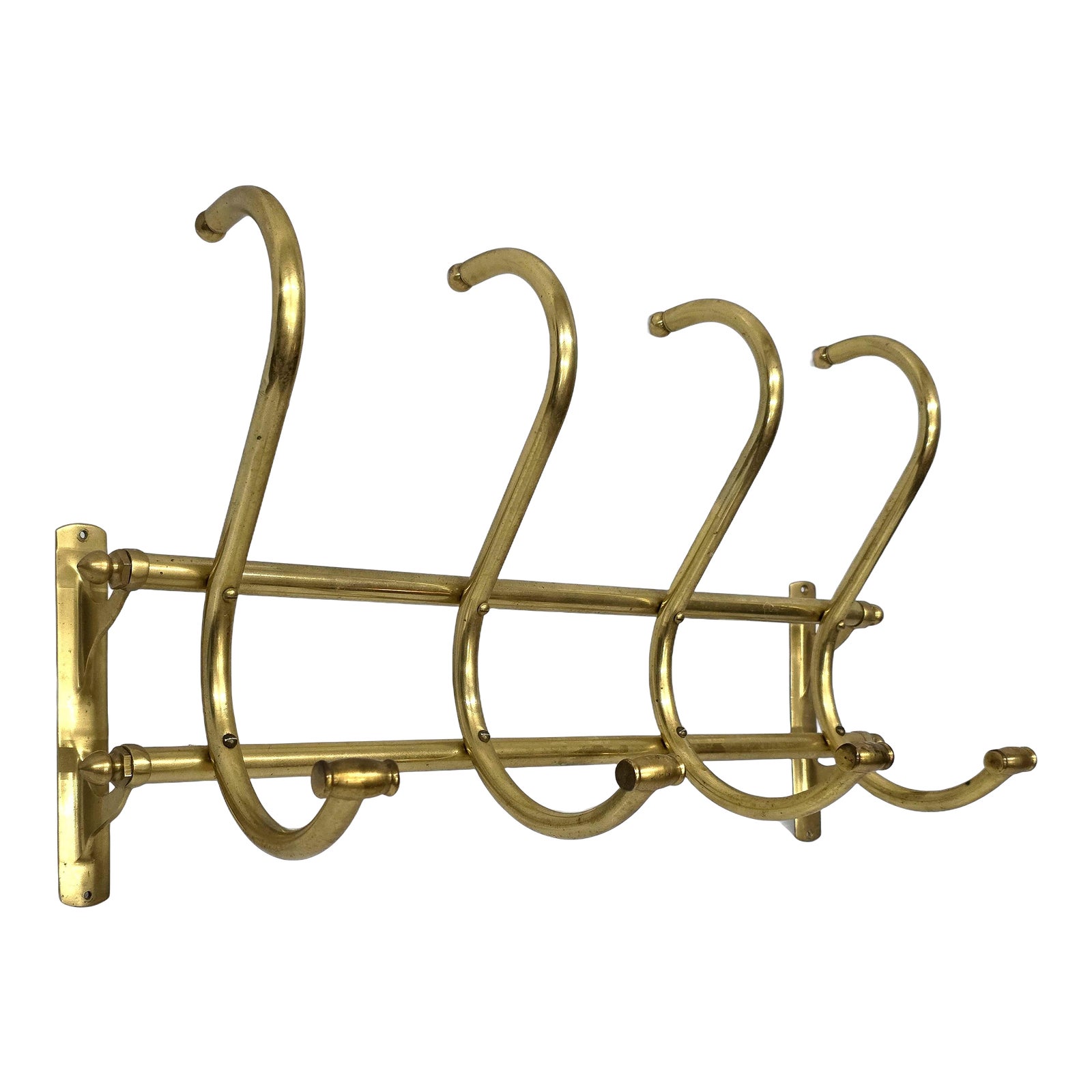1970s Vintage Brass Wall-Mounted Coat Rack, 4 Hook Curved Design | Chairish