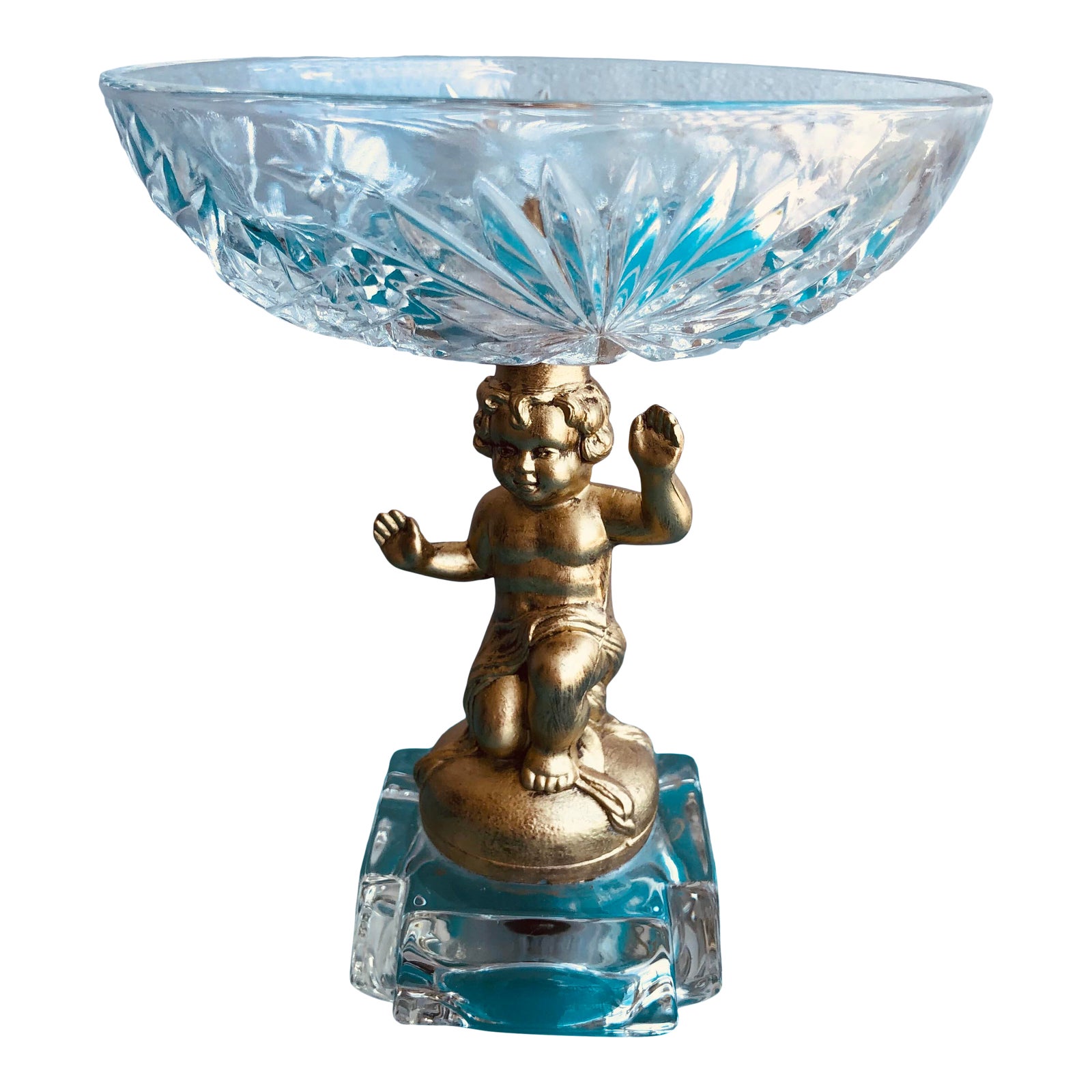 Vintage Crystal Brass Metal Glass Compote Cherub Pedestal Bowl | Chairish