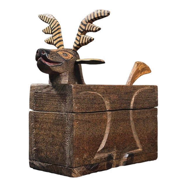 Vintage Hand Carved Polychrome Folk Art Deer Box | Chairish