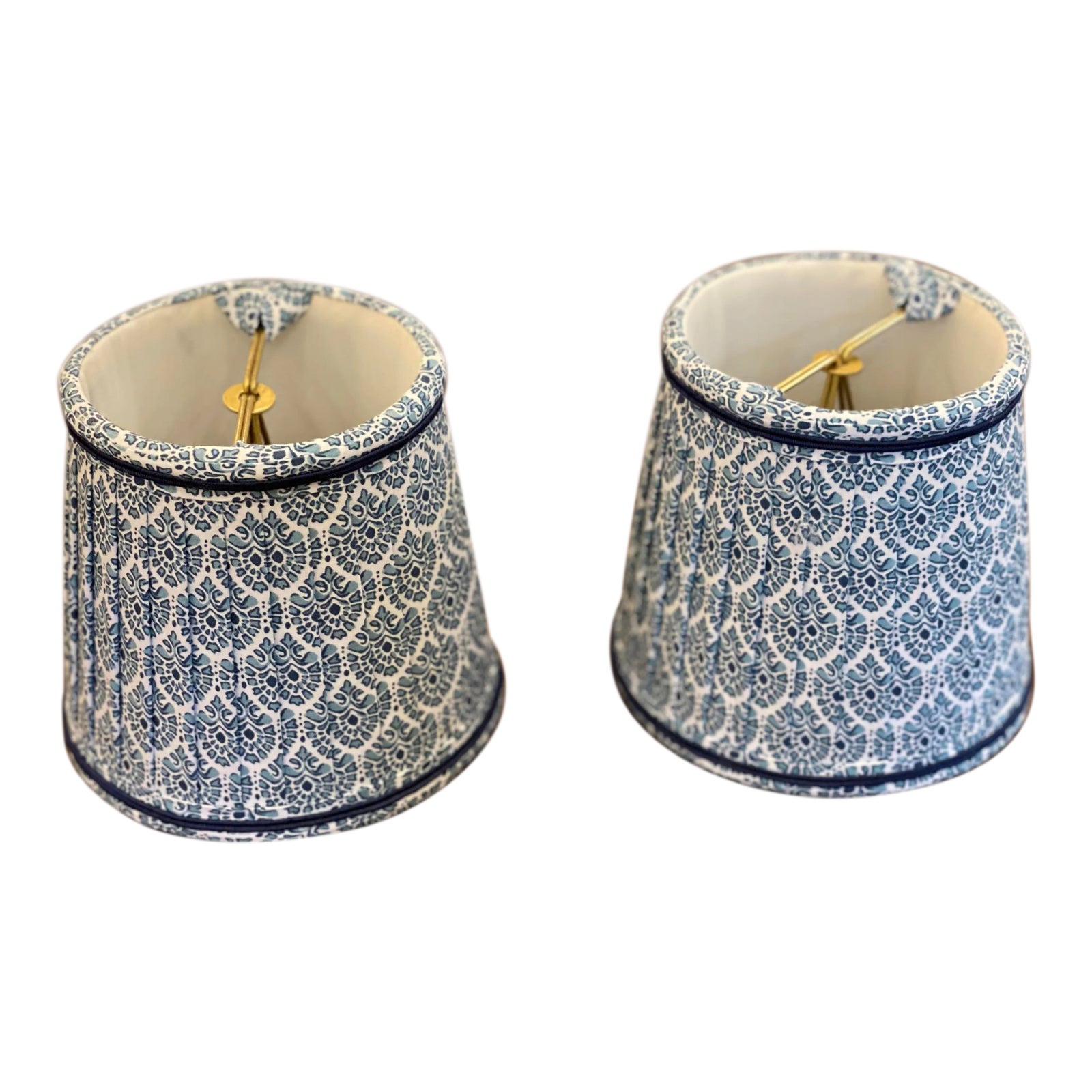 Custom Lamp Shades With Blue Pattern - a Pair | Chairish