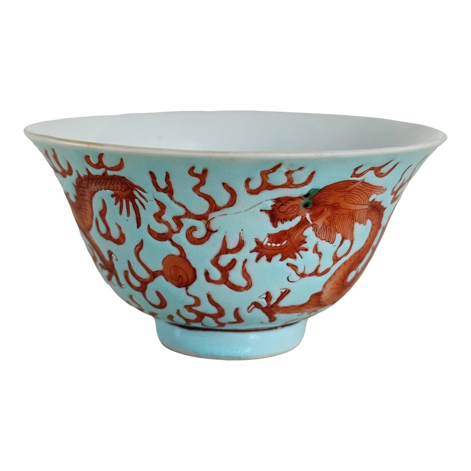 Antique Ching Dynasty Porcelain Bowl With Dragons in Red Orange on Blue ...