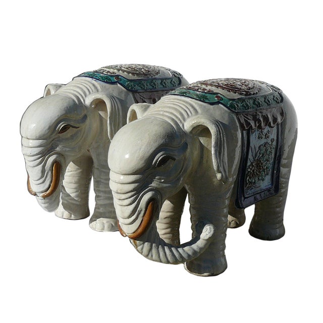 Chinese Ceramic White Oriental Elephants - A Pair | Chairish