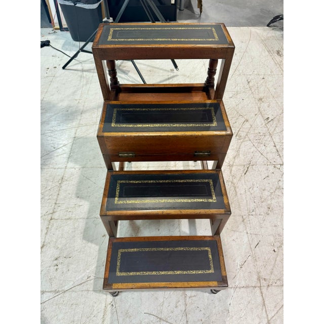 Vintage Wood and Tooled Leather Library Ladder/Accent Table | Chairish