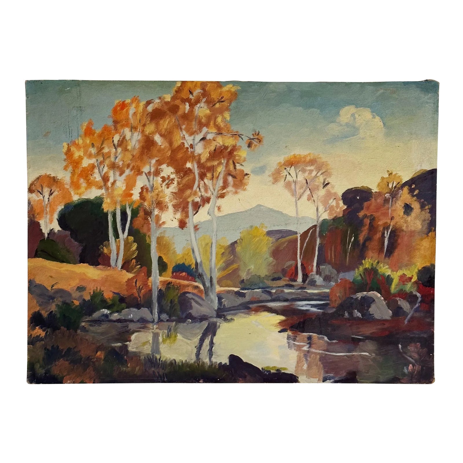 Mid-Century Oil Painting Depicting California Autumn Trees and Lake by ...