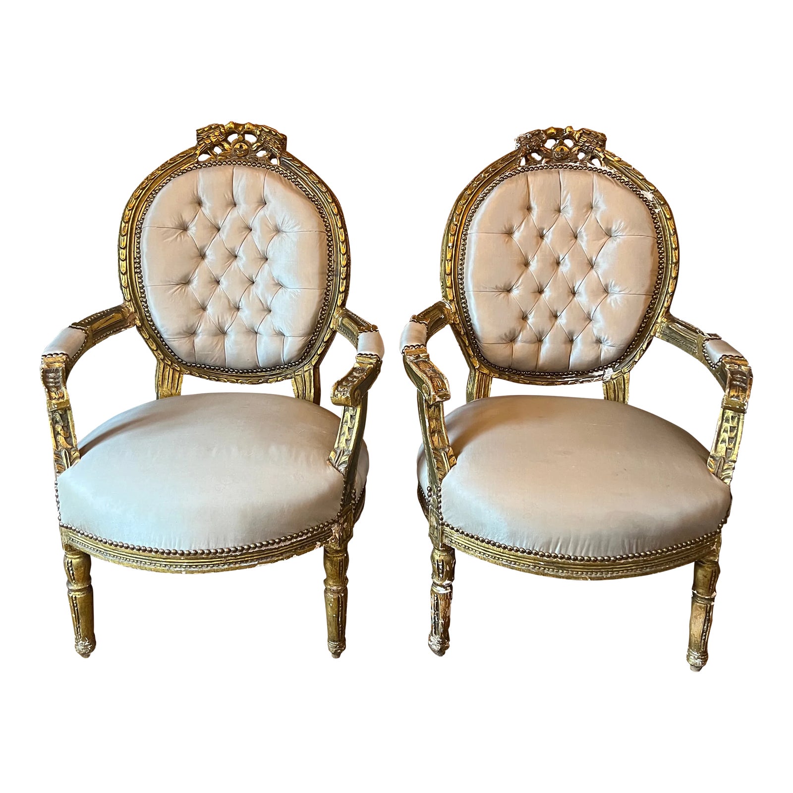 Pair Antique Louis XVI Giltwood Chairs in Lee Jofa Beige Silk | Chairish