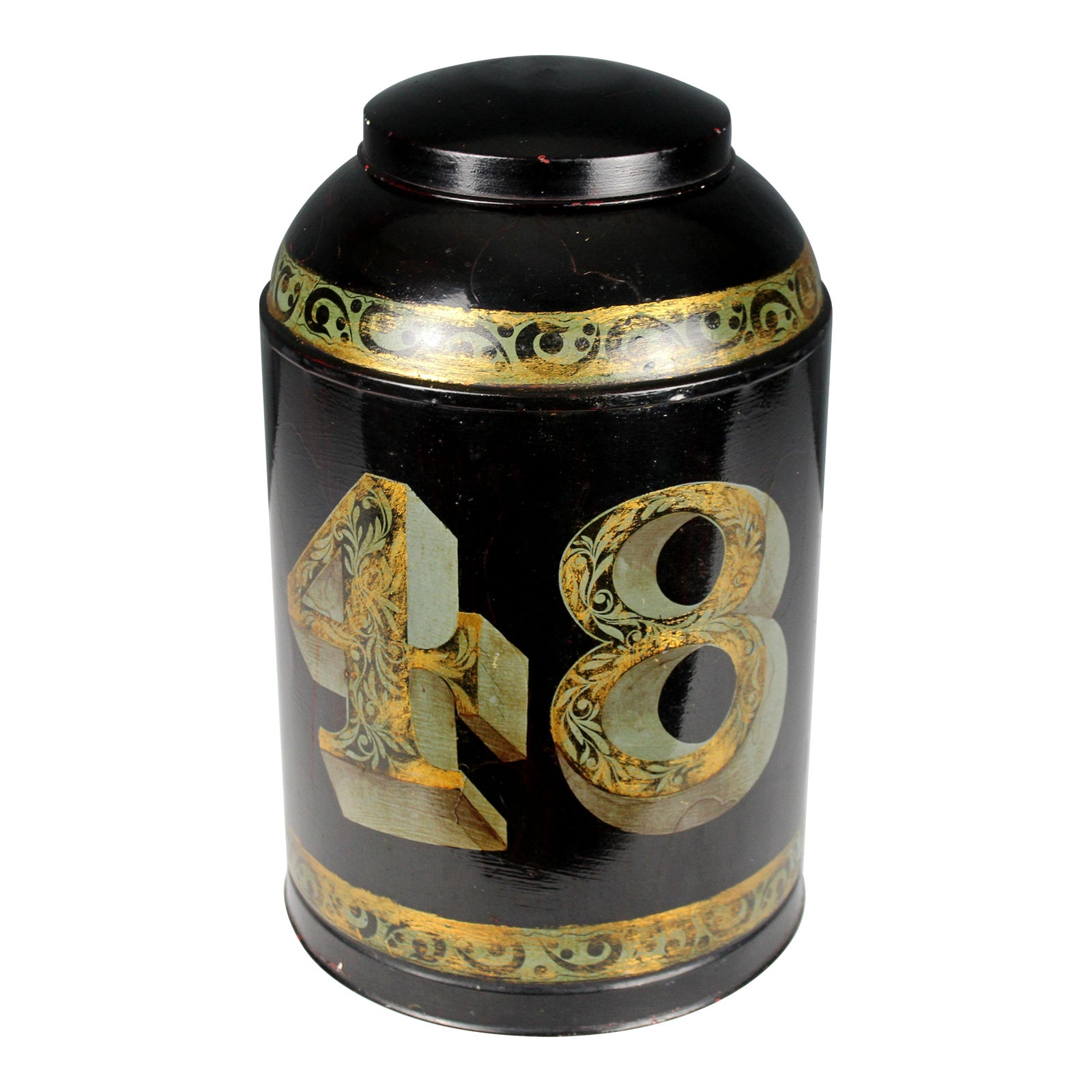 Late 20th Century Tole Painted '48' Black & Gold Tea Tin Canister Made ...