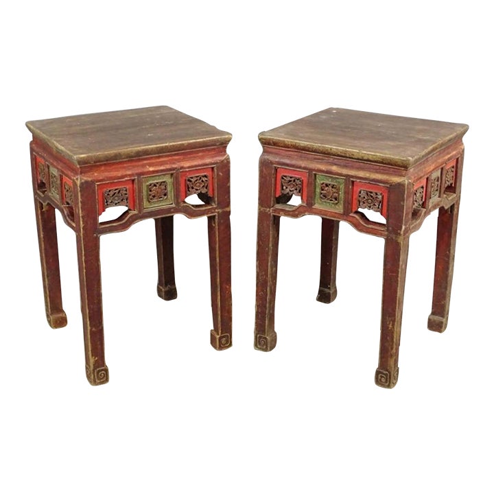 19th Century Pair of Chinese End Tables . Hand Painted | Chairish