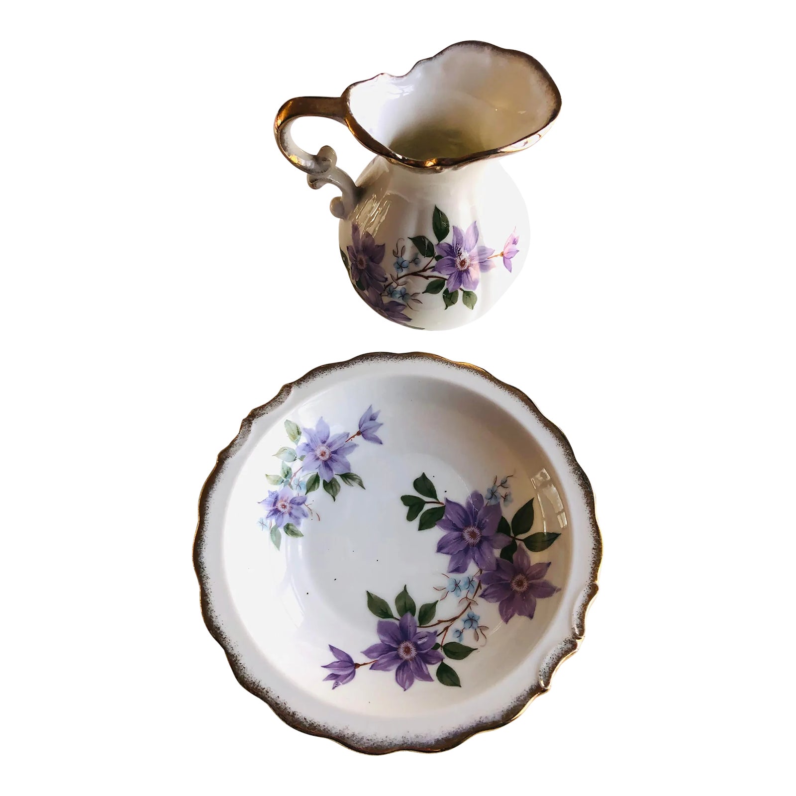 Vintage Violet Flowers Porcelain Pitcher & Bowl Set | Chairish