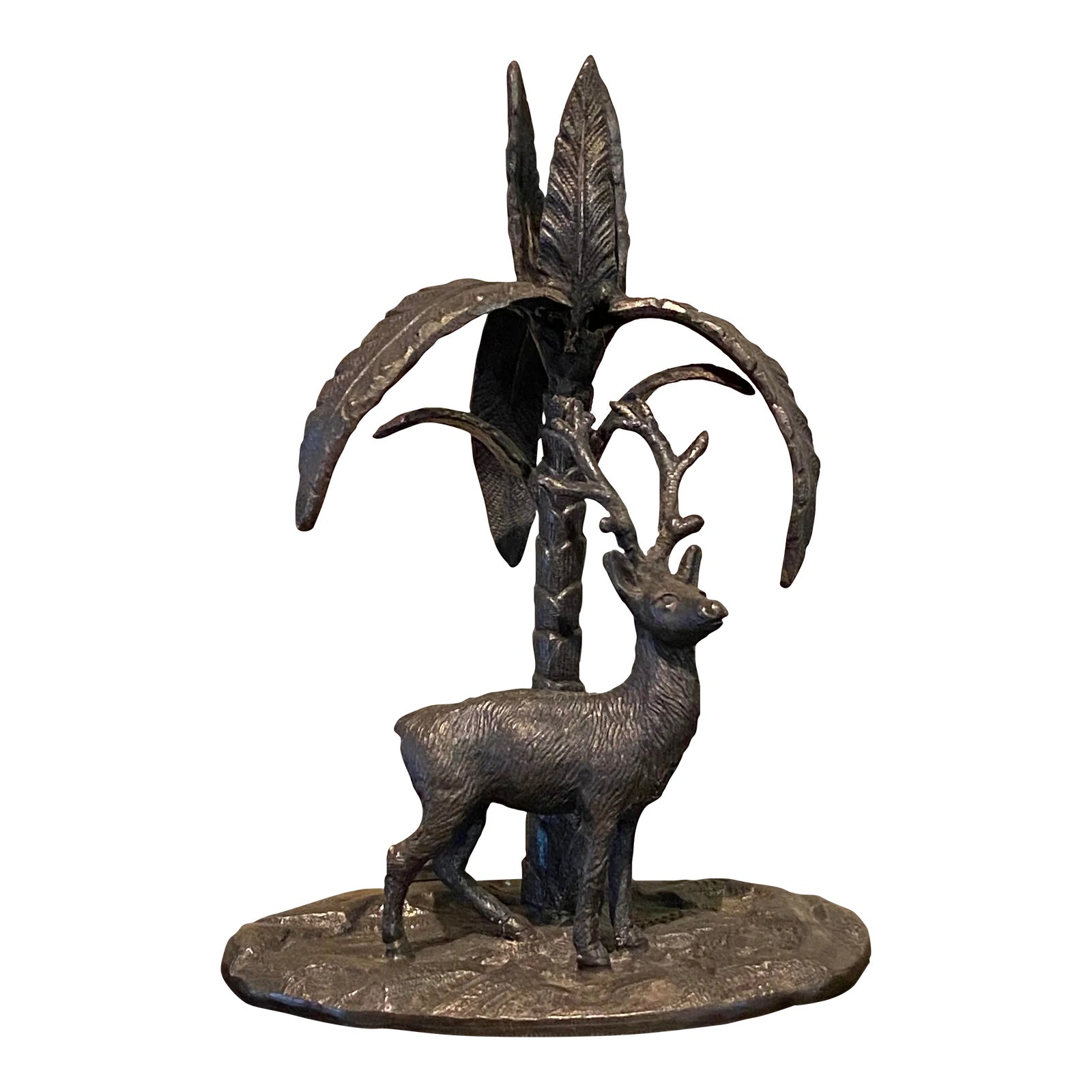 Antique Silver Plated Statue Majestic Stag Standing Beneath a Palm Tree ...