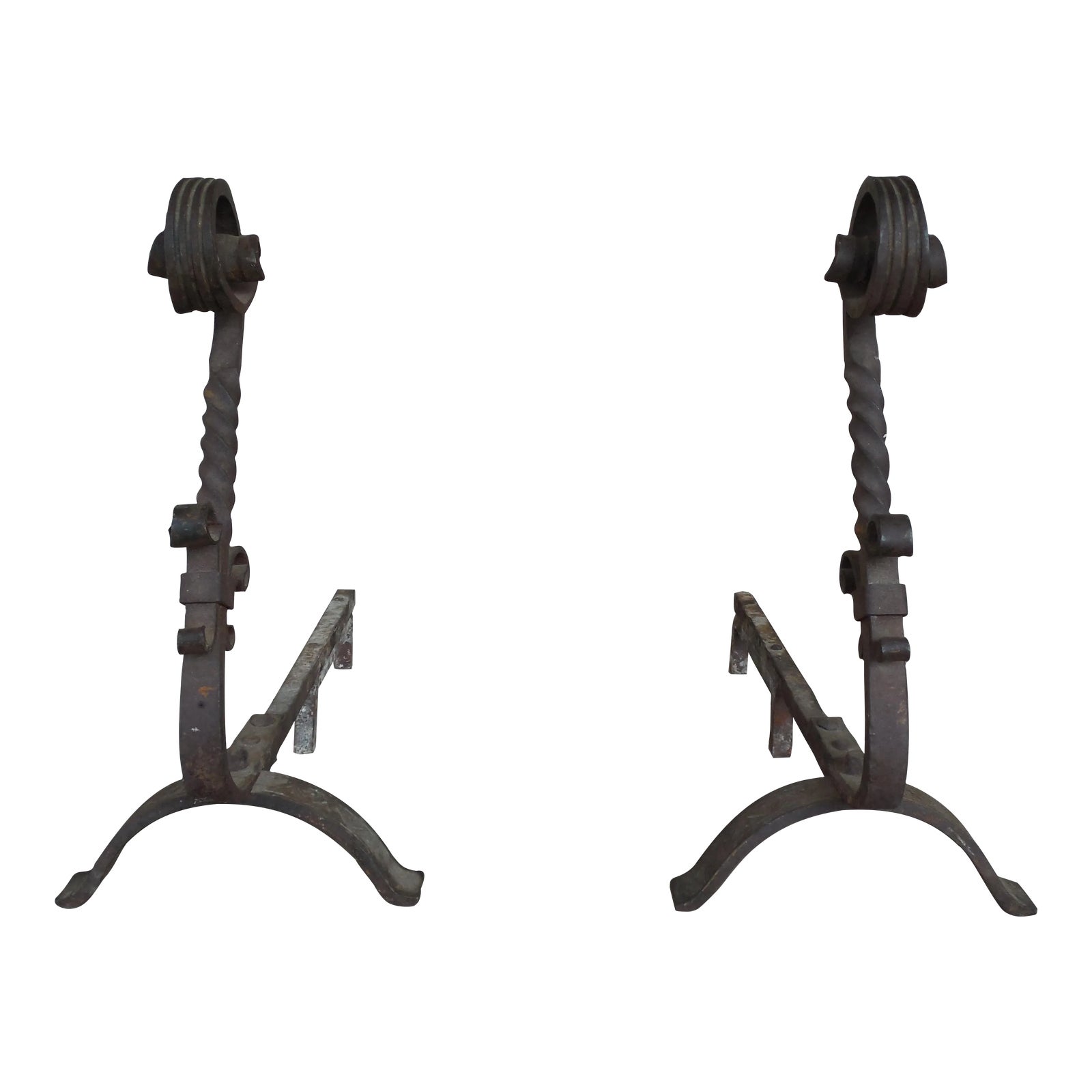 Antique Large Hand Forged Andirons - A Pair | Chairish