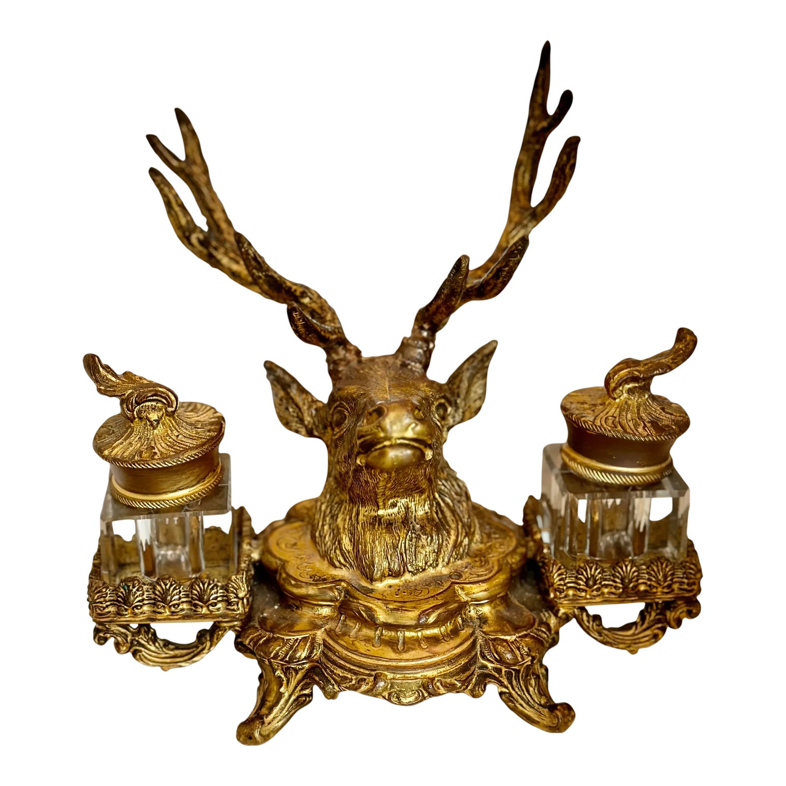 19th Century French Dore Gold Gilt Metal Stag Head Double Inkwell ...