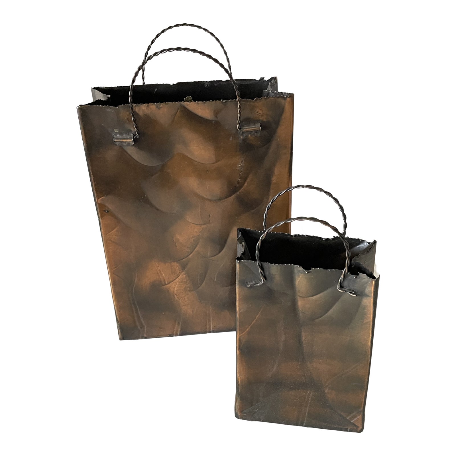 Vintage Metal Crumpled Bag Sacks With Handles - Set of 2 | Chairish