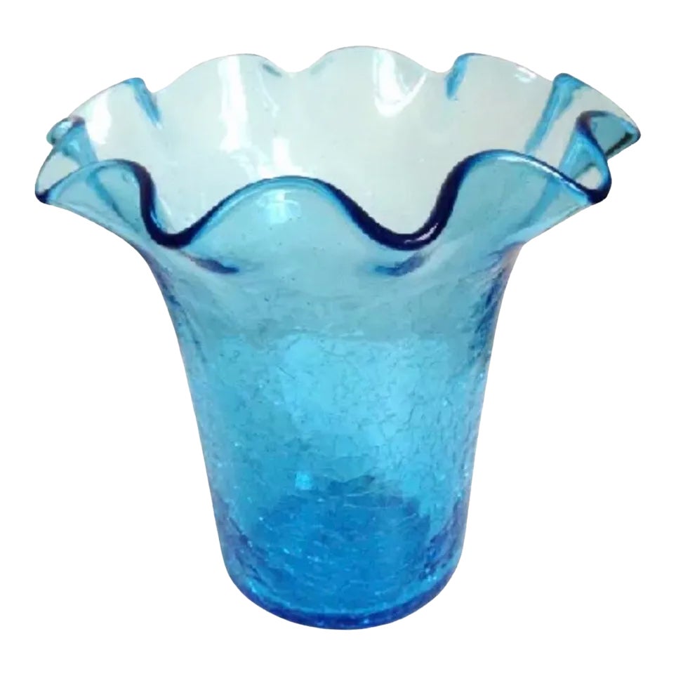 Vintage Mid Century Modern Ruffled Blenko Crackled Glass Vase | Chairish