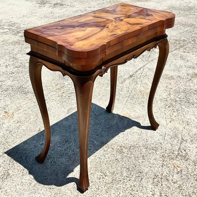 Vintage Patchwork Burl Wood Flip Top Card Table | Chairish